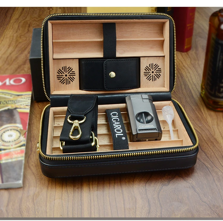 Wholesale Custom Genuine Leather Portable Carring Wood Cigar Humidor ...