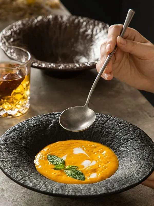 Black Matte Ceramic Dinner Plate Rock Surface Round Pasta Dessert Fruit ...