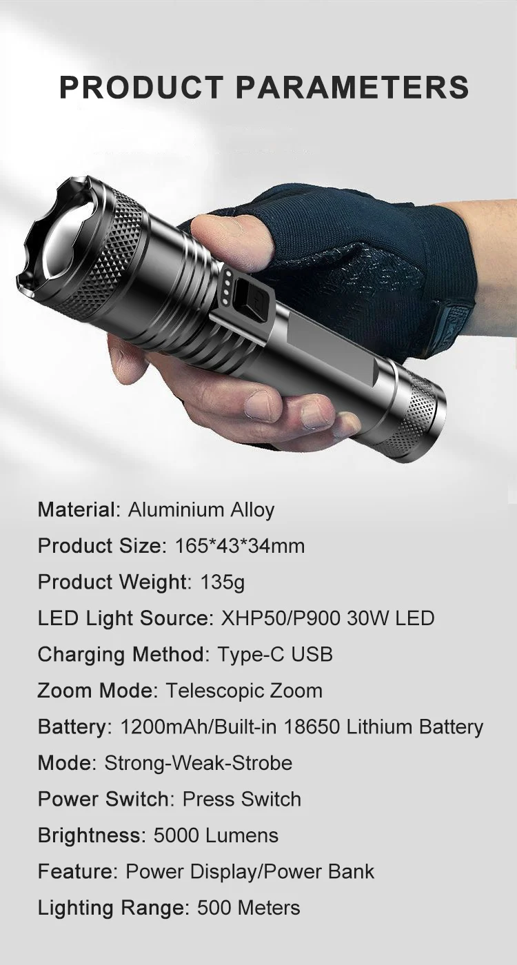 Aluminum Alloy Tactical Flashlight Usb C 30w Led 5000 Lumens Waterproof 3 Modes Flashlight ...