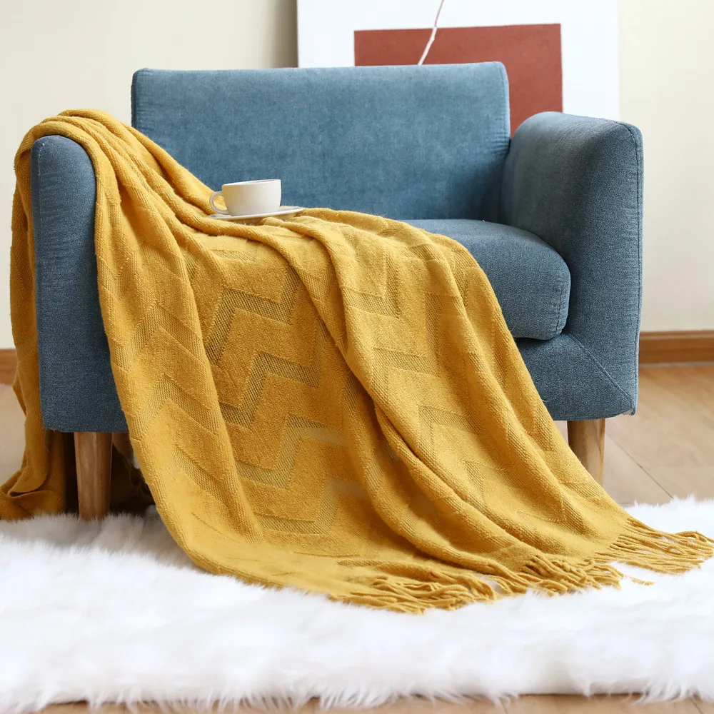 Nordic Tassel Trim Blue Throw Neutral Colors Throw Blanket For Couch ...