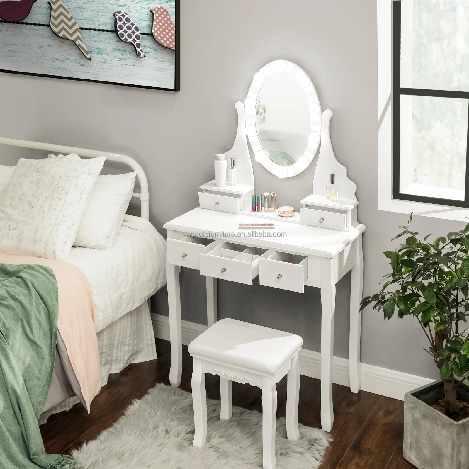 Vasagle Modern White Dressing Table Set With Led Lighting Bedroom Wood ...