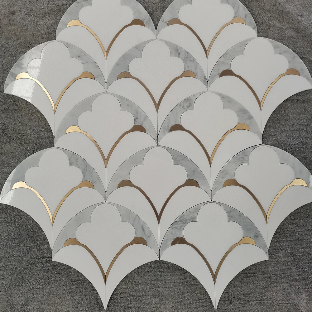 Carrara & White Thassos Brass Wall Mosaic Tiles - OEM Available