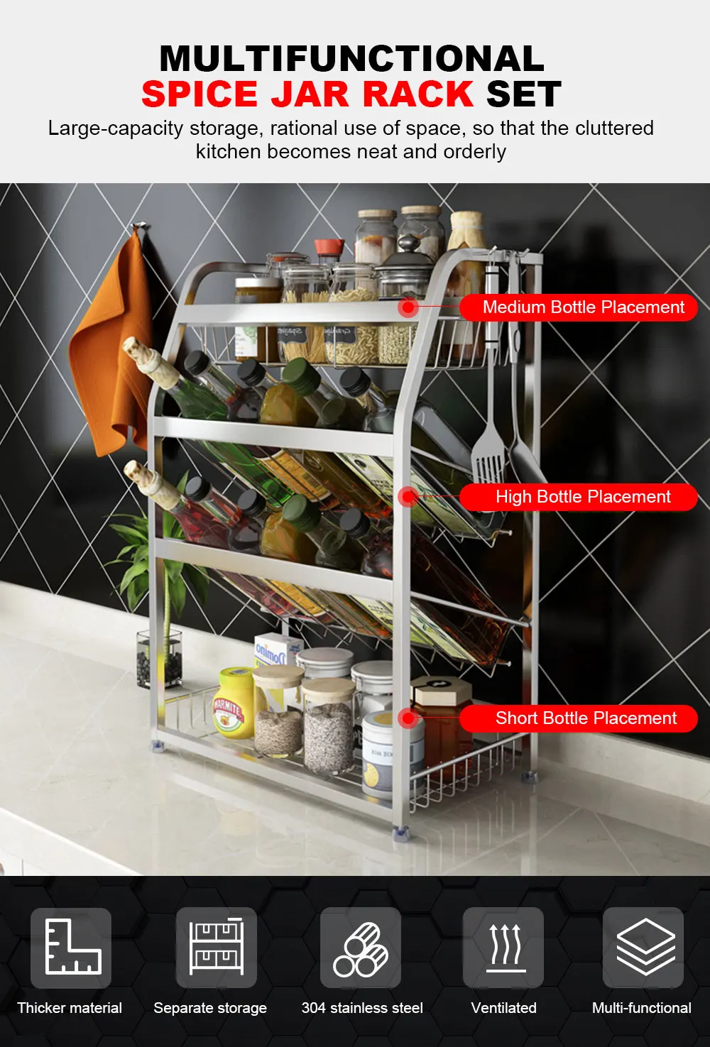 4 Tier Cabinet Spice Rack Kitchen Organizer Spice Bottle Spice Holder ...