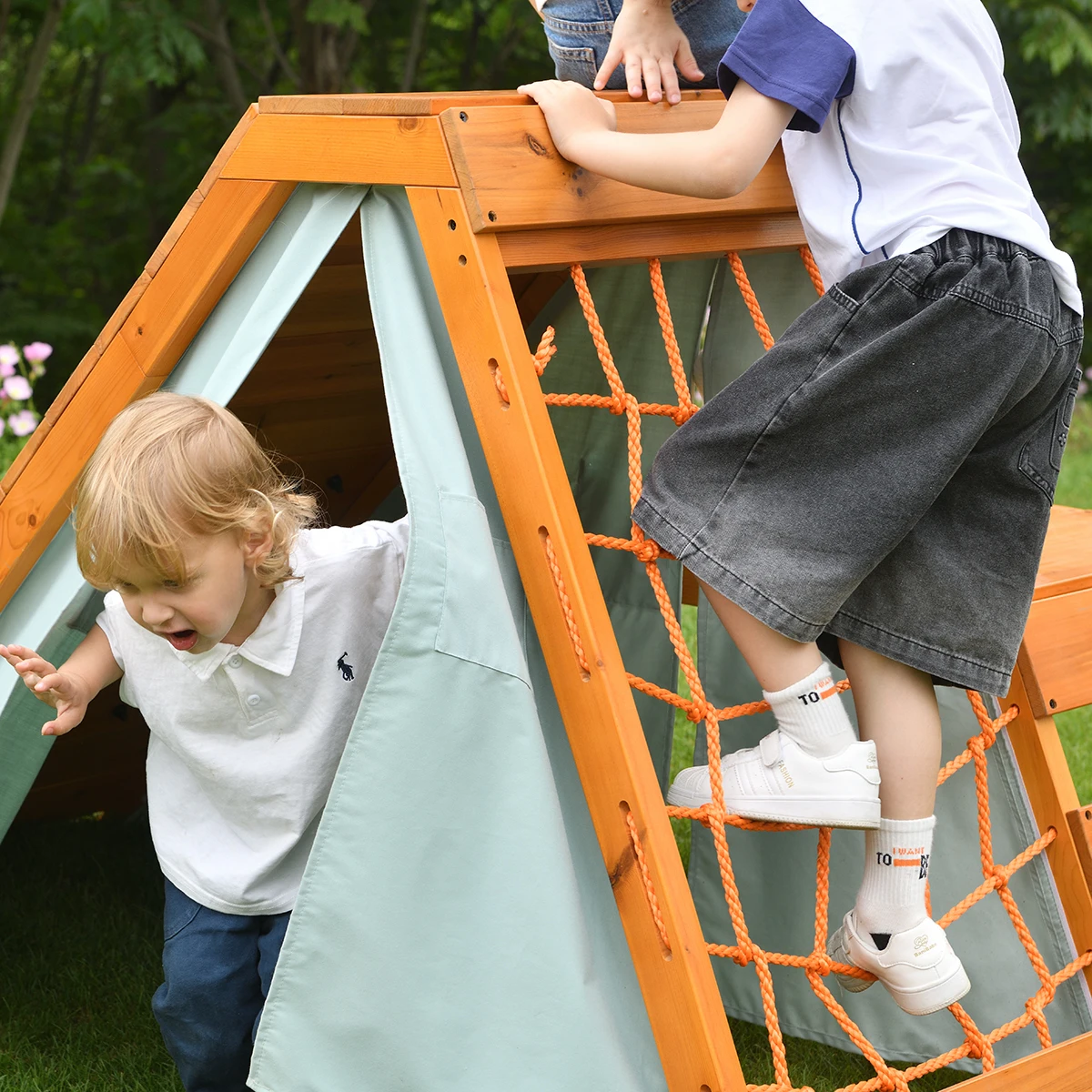 Children's Wooden Play Set Game House with Ladder Slide and Swing ...