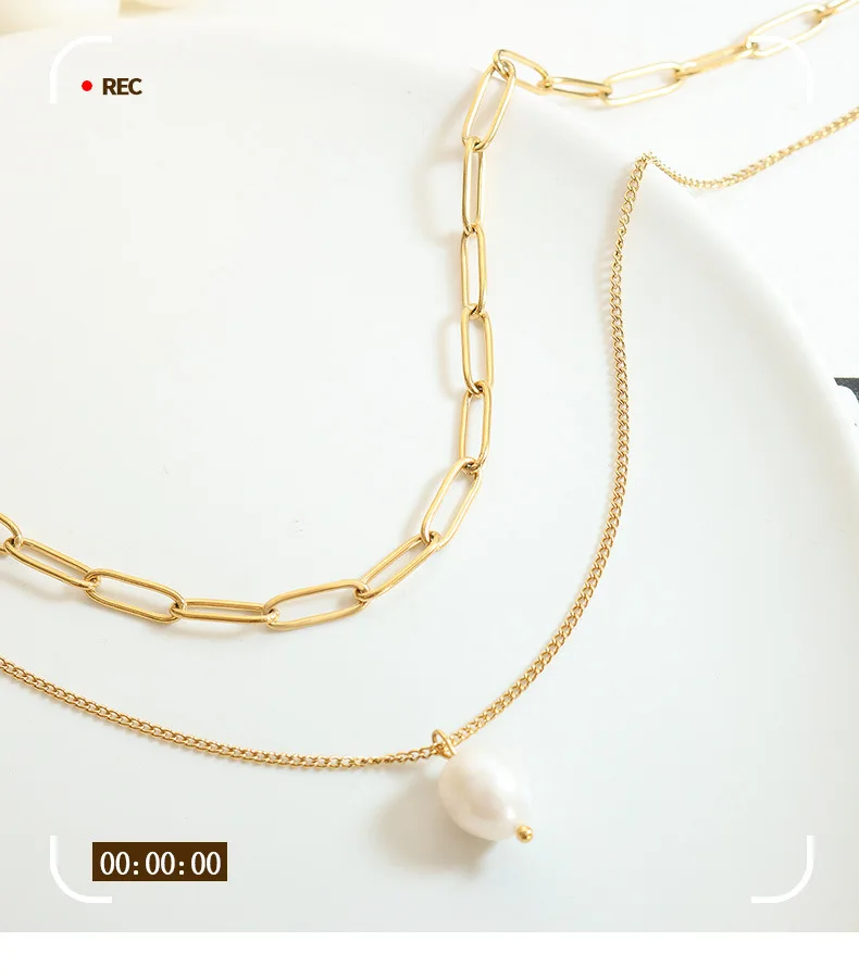 Waterproof 18k Gold Plated Stainless Steel Necklace Jewelry Double