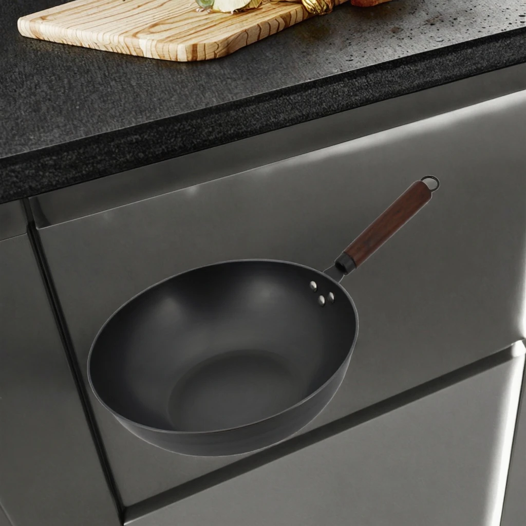 40cm Cast Iron Wok Single Handle Wood Round Pattern for Optimal Heat ...