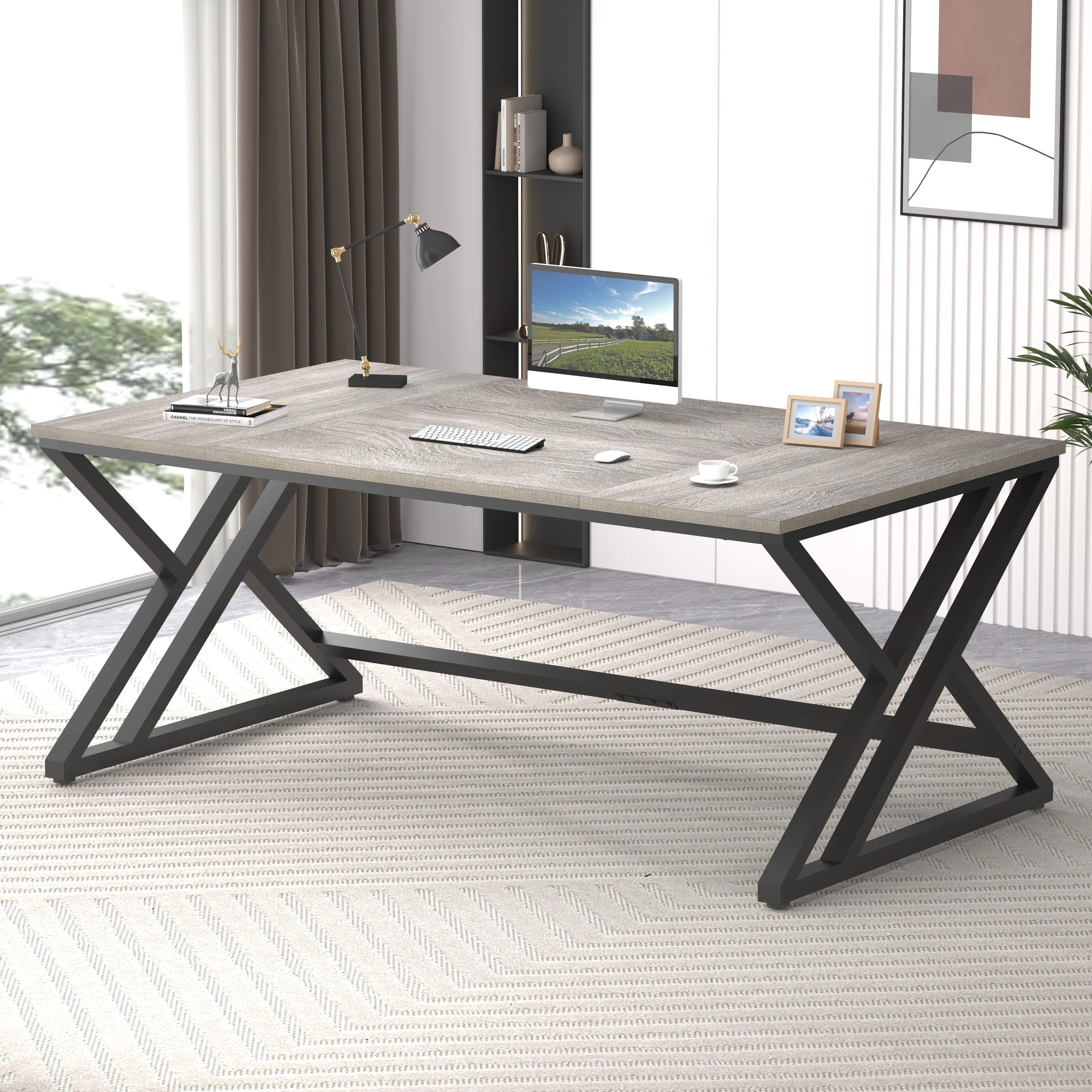 Modern Industrial Double Executive Desk Large Wood Metal Computer ...