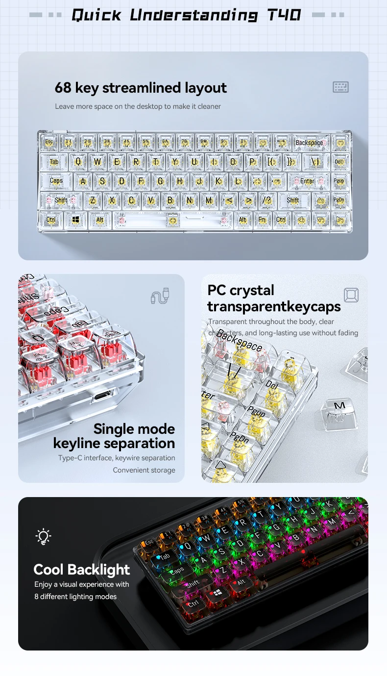 T-WOLF T40 Gaming Keyboard - 68 Keys, RGB Backlit, Mechanical