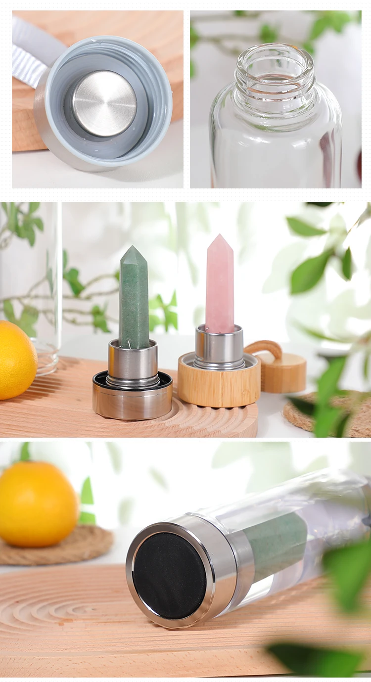 Natural Christmas Gift Crystal Quartz Infused Glass Water Bottle Bamboo ...