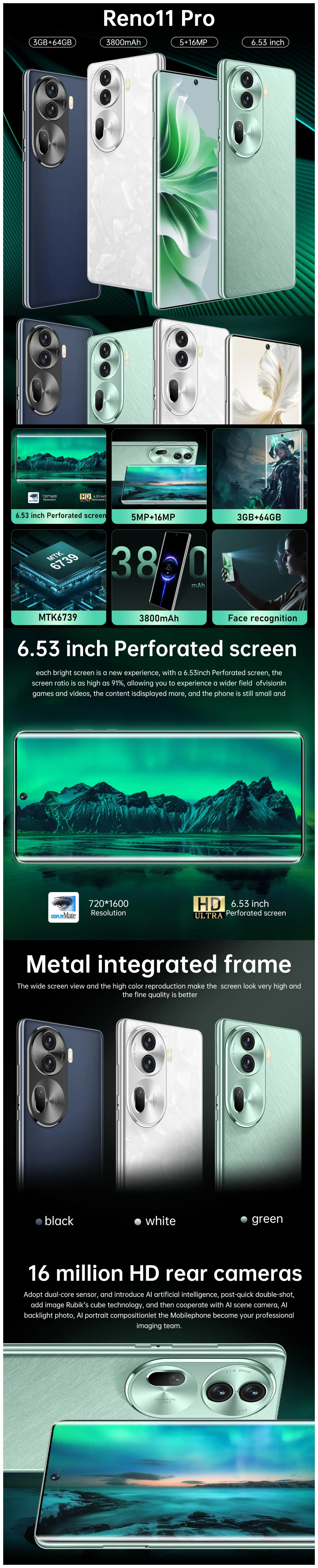 2024 Brand New Reno11 Pro Smartphone 6.53'' Hd Perforated Screen Display Cell Phone 3gb+64gb 5mp ...