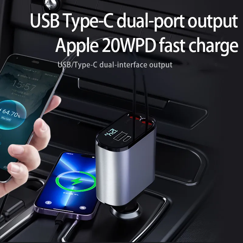 Fast Usb C Retractable Car Charger Led Digital Display 120w 4 In 1 ...