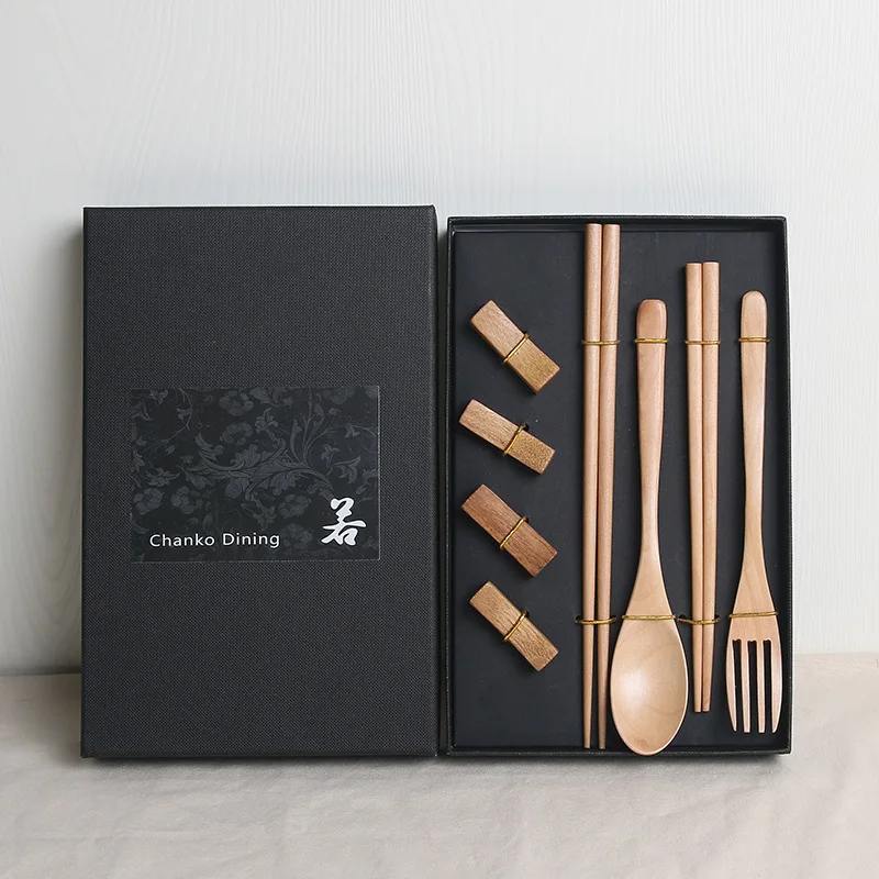 Wood Cutlery Gift Box Set Chopsticks Rest,Spoon,Fork,Chopsticks Set ...