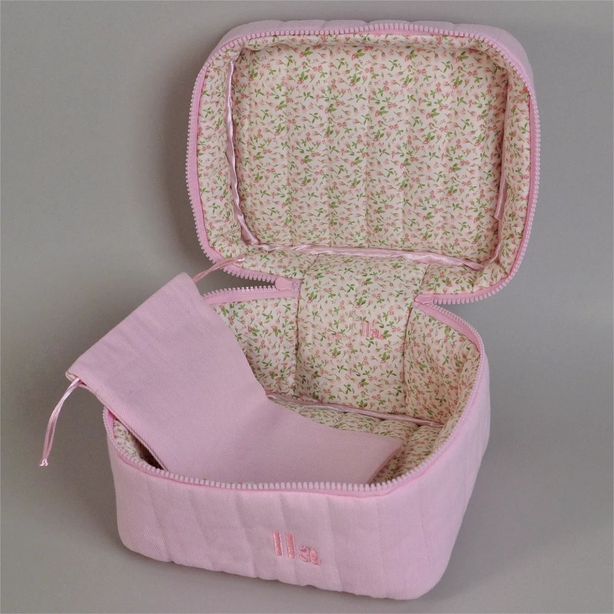 Custom Quilted Vanity Velvet Makeup Pouch - Floral Printing