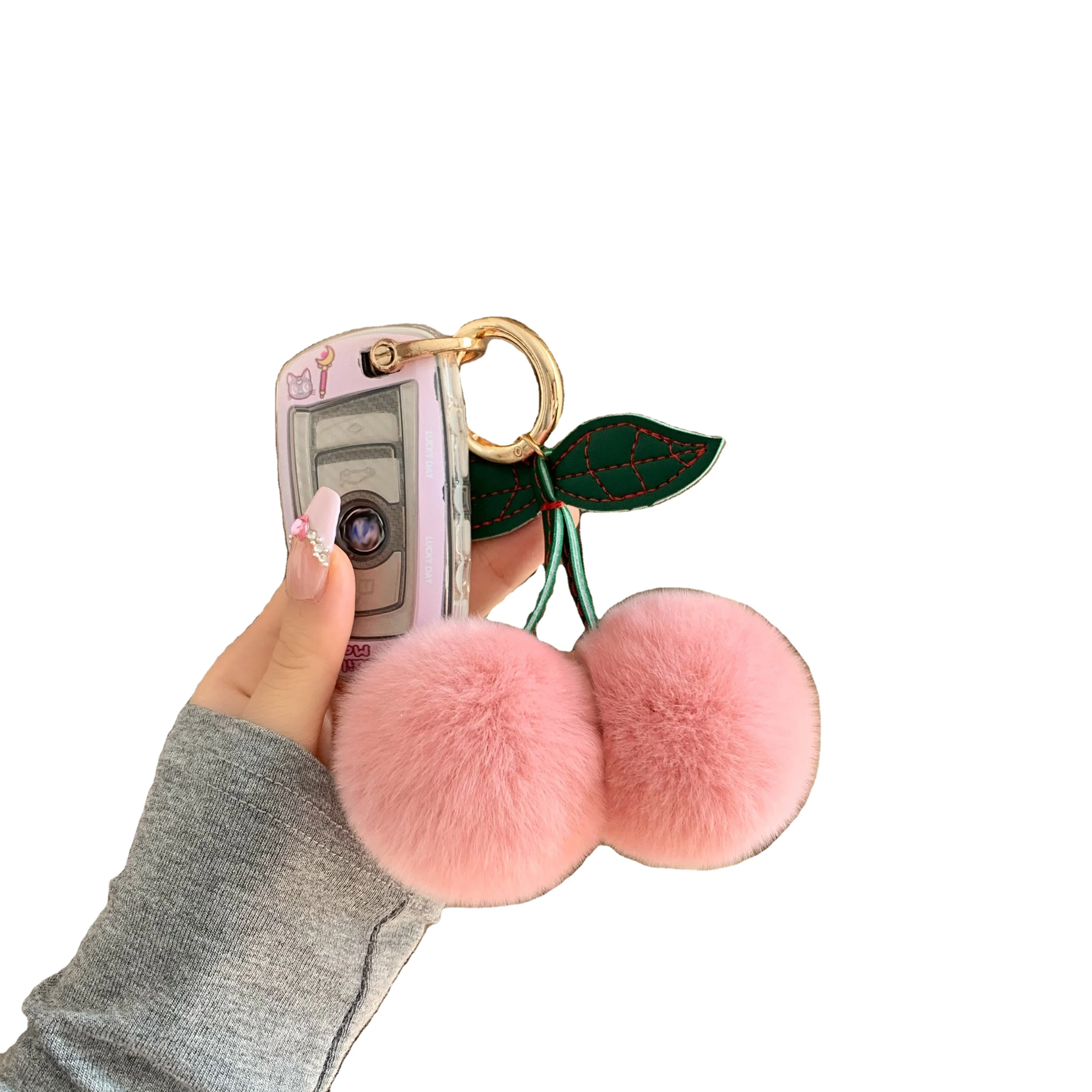 Kwaii Cherry Pom Pom Key Chains Rabbit Fur Ball Key Ring Plush Ball ...