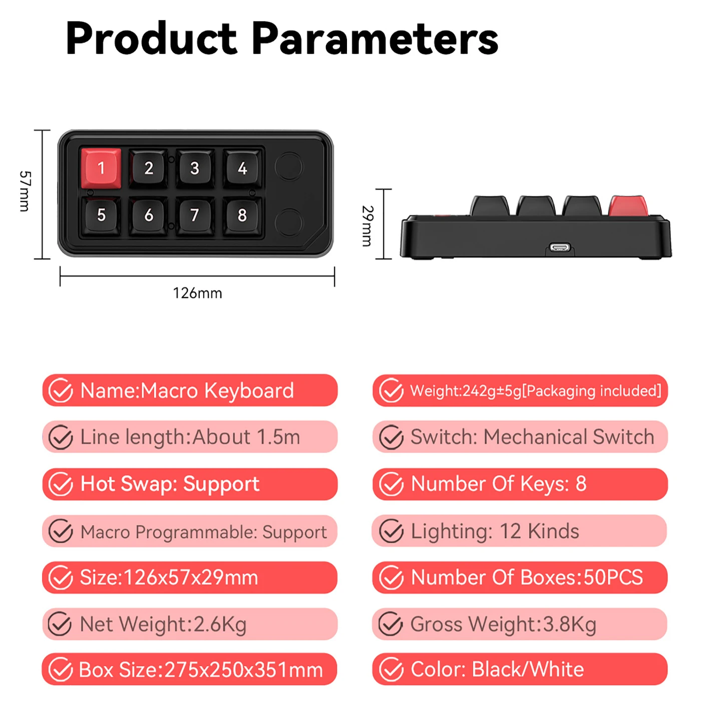 K815B Wired Mechanical Gaming Keyboard - 8keys Mini Keypad