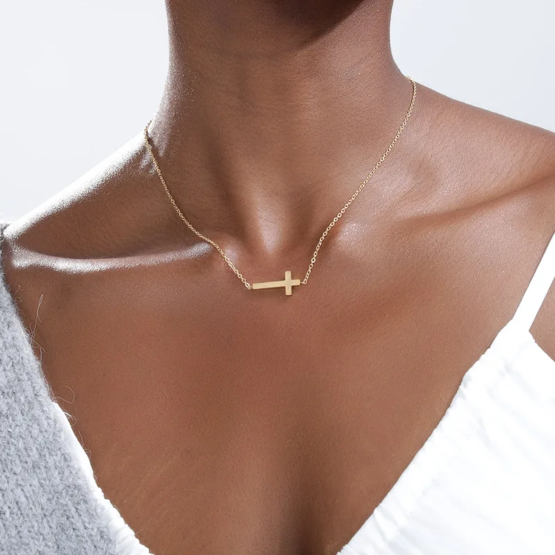 Dina 2024 Tiny Chain Sideway Cross Necklace - 18K Gold Plated