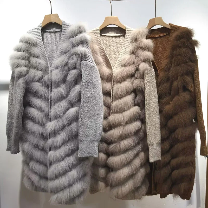 Real Fur Trimming Knitted Fur Coat Loose Women Clothes Furry Collar ...