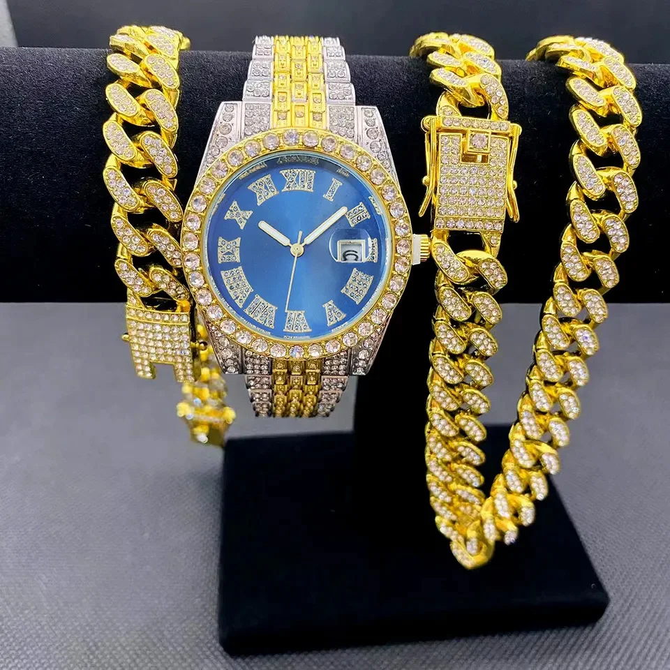 Full Iced Out Watches Men Wrist Luxury Watch Set Bling
