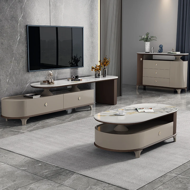 Modern simple retractable rock plate TV cabinet tea table combination ...