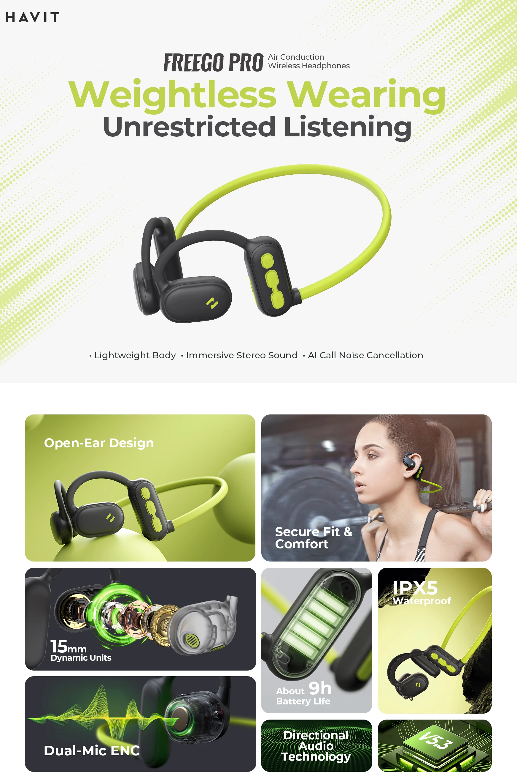 Havit E553BT Bone Conduction Headphones - Wireless Sport Earbuds