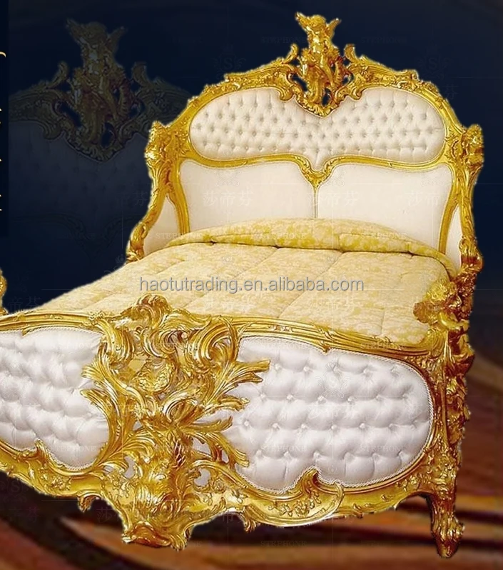 Luxury King Size Throne Bed - Shiny Gold Wood Furniture