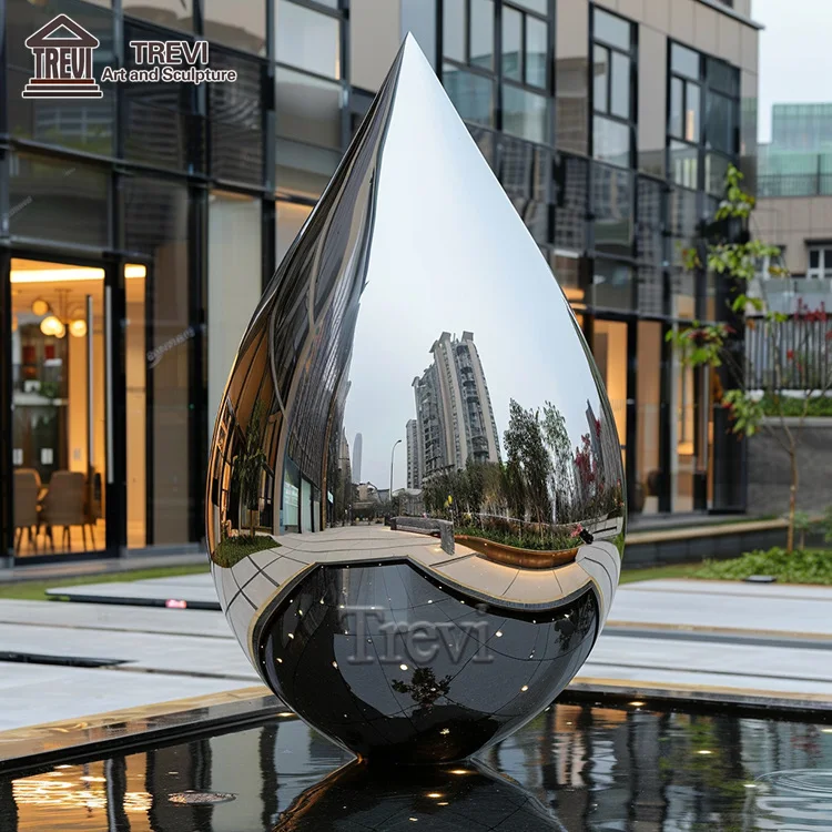 Shopping Mall Large Mirror Drop Sculpture Stainless Steel Water Droplet ...