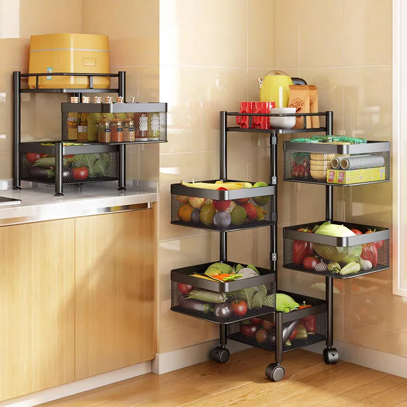 Metal Trolley Cart with Multilayer Rotating Vegetable Baskets