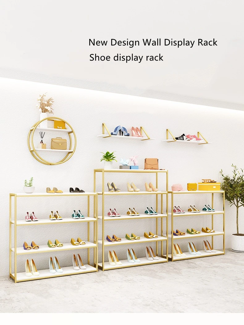 Shoe Shop Fittings Wall Mounted Shoe Display Shelf Stainless Steel Gold ...