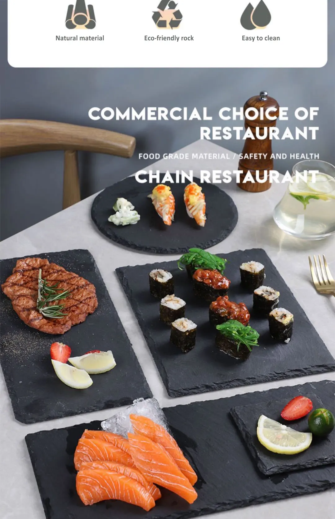 European Style Japanese BBQ Rock Slab Steak Sushi Plate Black Natural ...