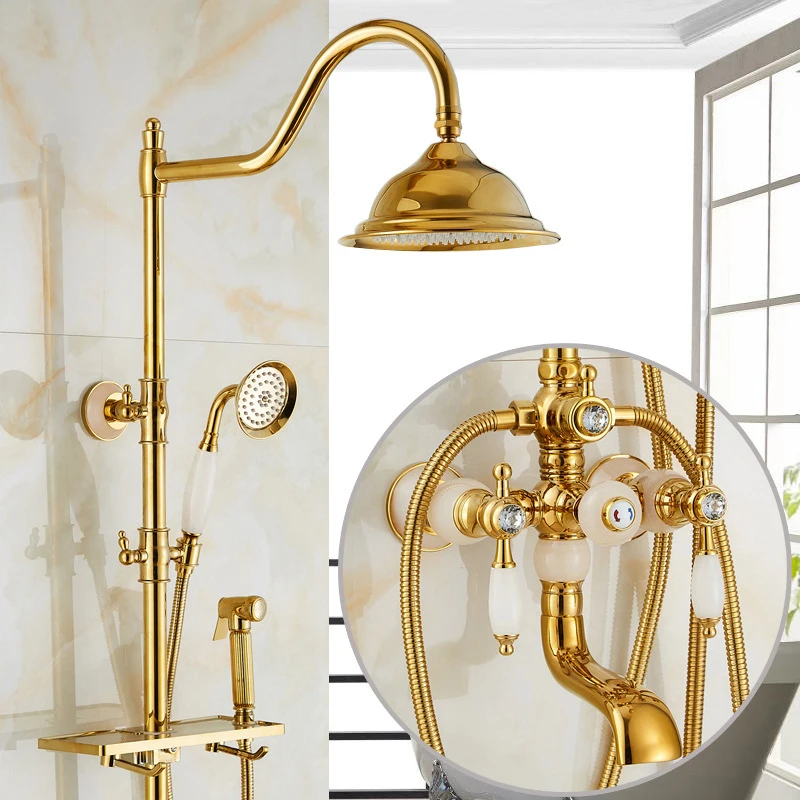 Classic Luxury Antique Gold Faucet Rainfall Bath Shower Set For Bathroom 304 Stainless Steel ...