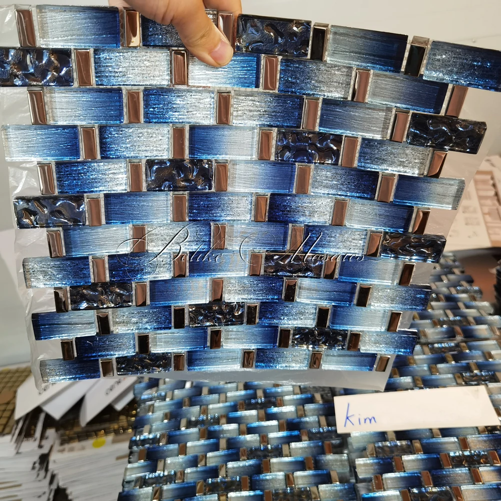 Blue Gradient Tactile Relief Glass Mosaic Wall Tile Elegant Ambience ...