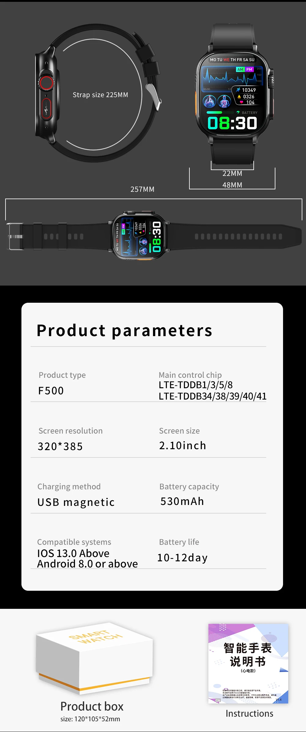 F500 HRS ECG Smartwatch Unisex Ultra-Stylish Square IPS Display 4G ...