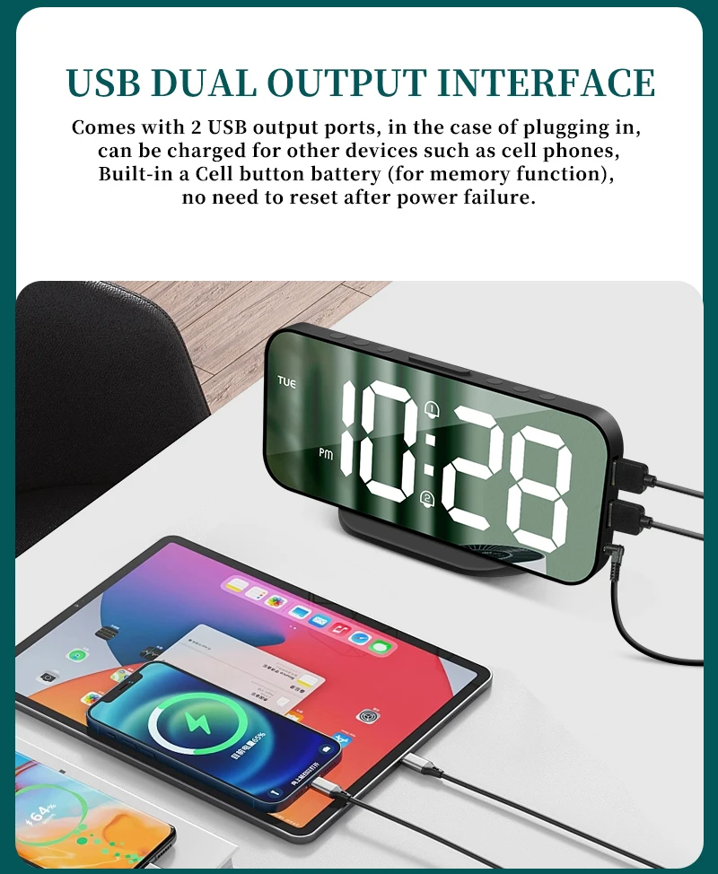 Digital Alarm Clock Large Led Mirror Electronic Clocks With Snooze Dual ...