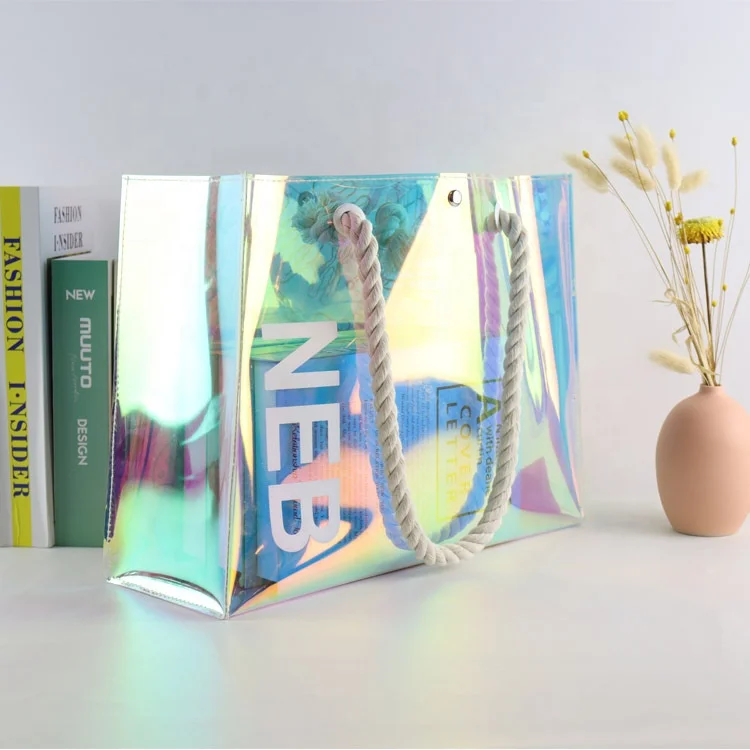 Custom Holographic PVC Shopping Clear Tote Bag Transparent Beach ...