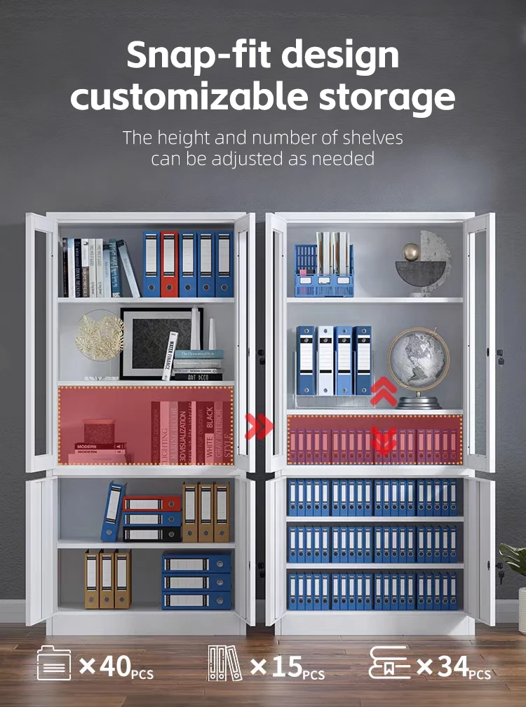5-Tier Metal Bookcase 2 Glass Door File Storage Cabinet Office ...