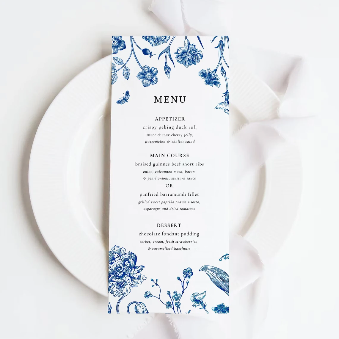 DIY Blue Floral Black Wedding Menu Card Elegant Printable Holiday ...