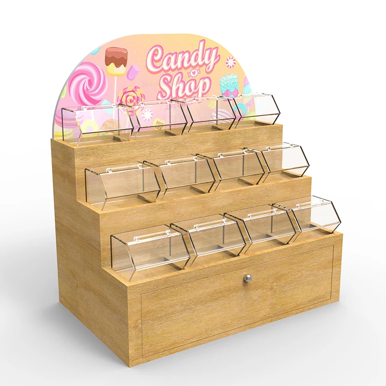 Modern Wooden Tabletop Candy Display Case Single-Sided Metallic Material for Supermarket Food ...