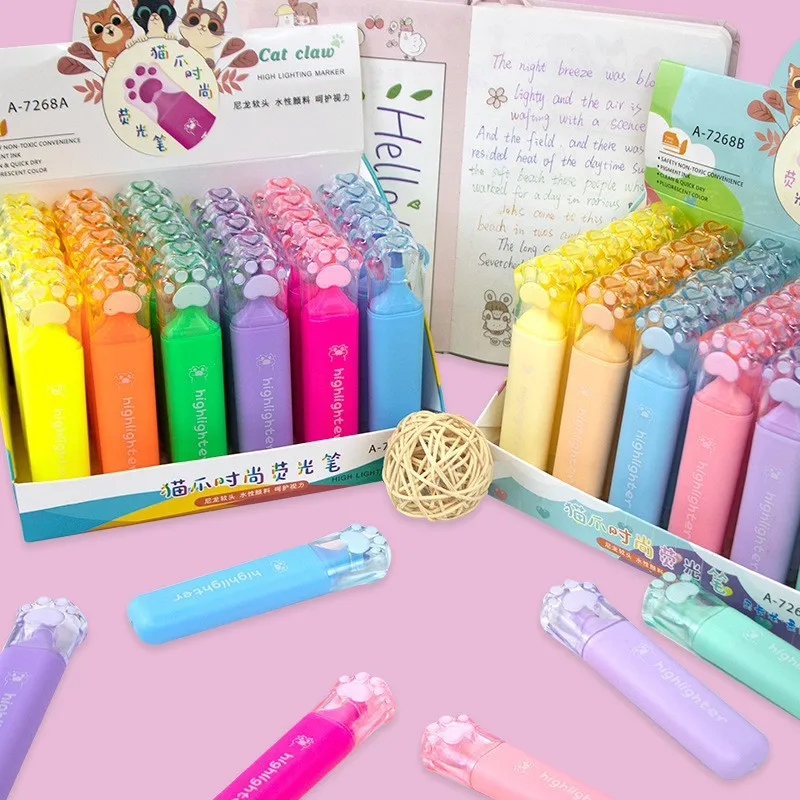Creative Cute Cat Paw Highlighter Set Mini Flat Tip Plastic School ...