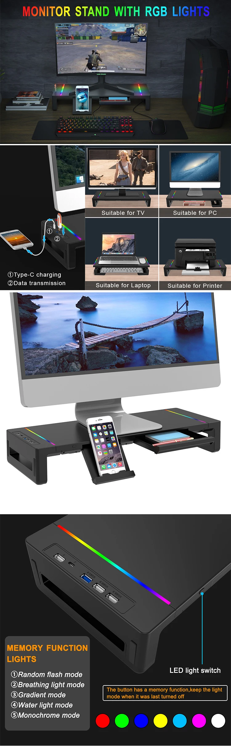 RGB Monitor Stand with USB Hub - Gaming & Office Essentials