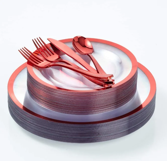 Hot Stamp PS Disposable Plastic Dinner Plates with Red/yellow/gold Rim ...