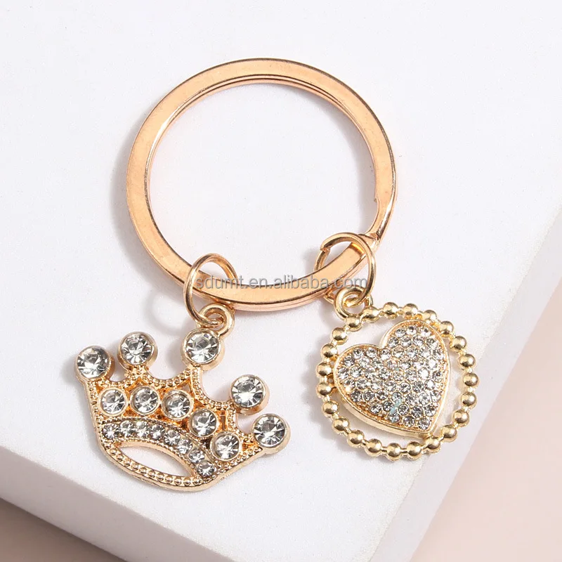 Hot Sale Golden Color Crystal Metal Crown Keychain Heart Key Chain Girl ...