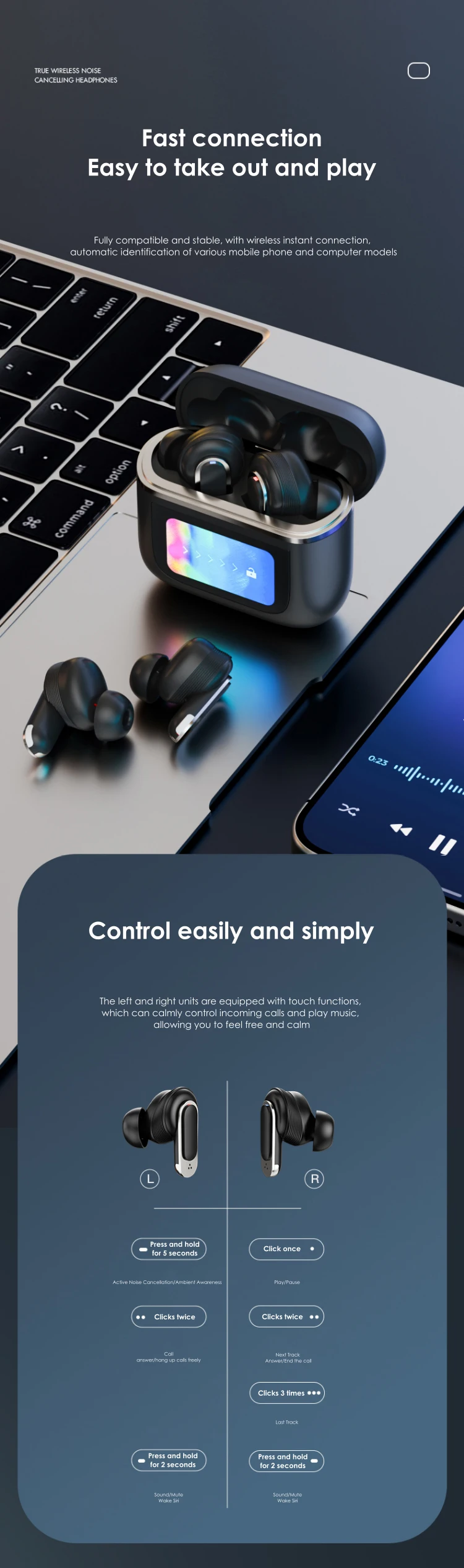 Anc Earphone V8 Lcd Full Touch Screen Wireless Earbuds In Ear Waterproof Tws Gaming Wireless ...