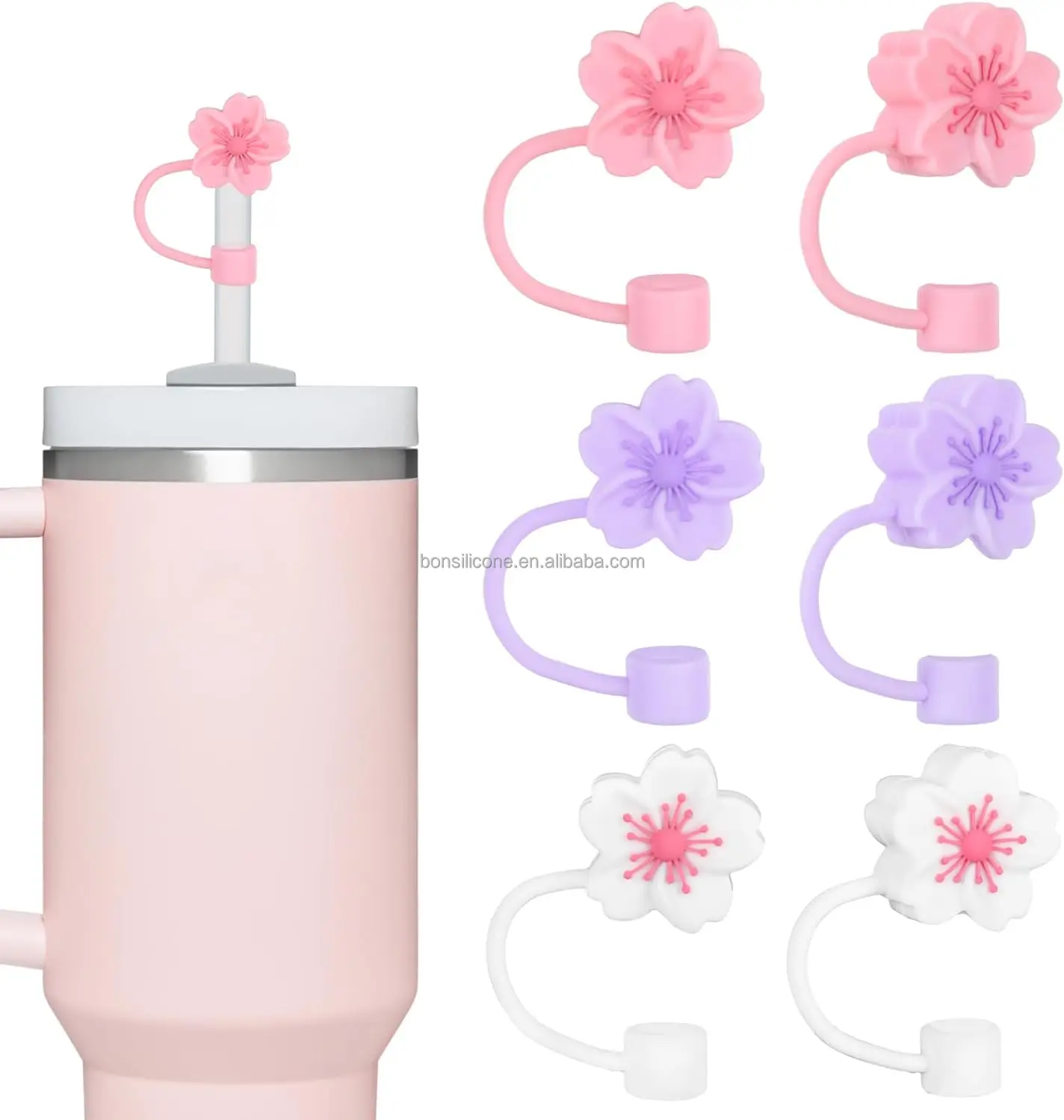 2024 Silicone Straw Covers Begonia Flowers Reusable Straw Topper Caps ...