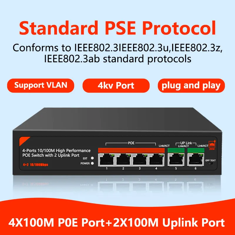 4+2 Ports 10/100M Poe Smart Network Switch with Lightning Protection