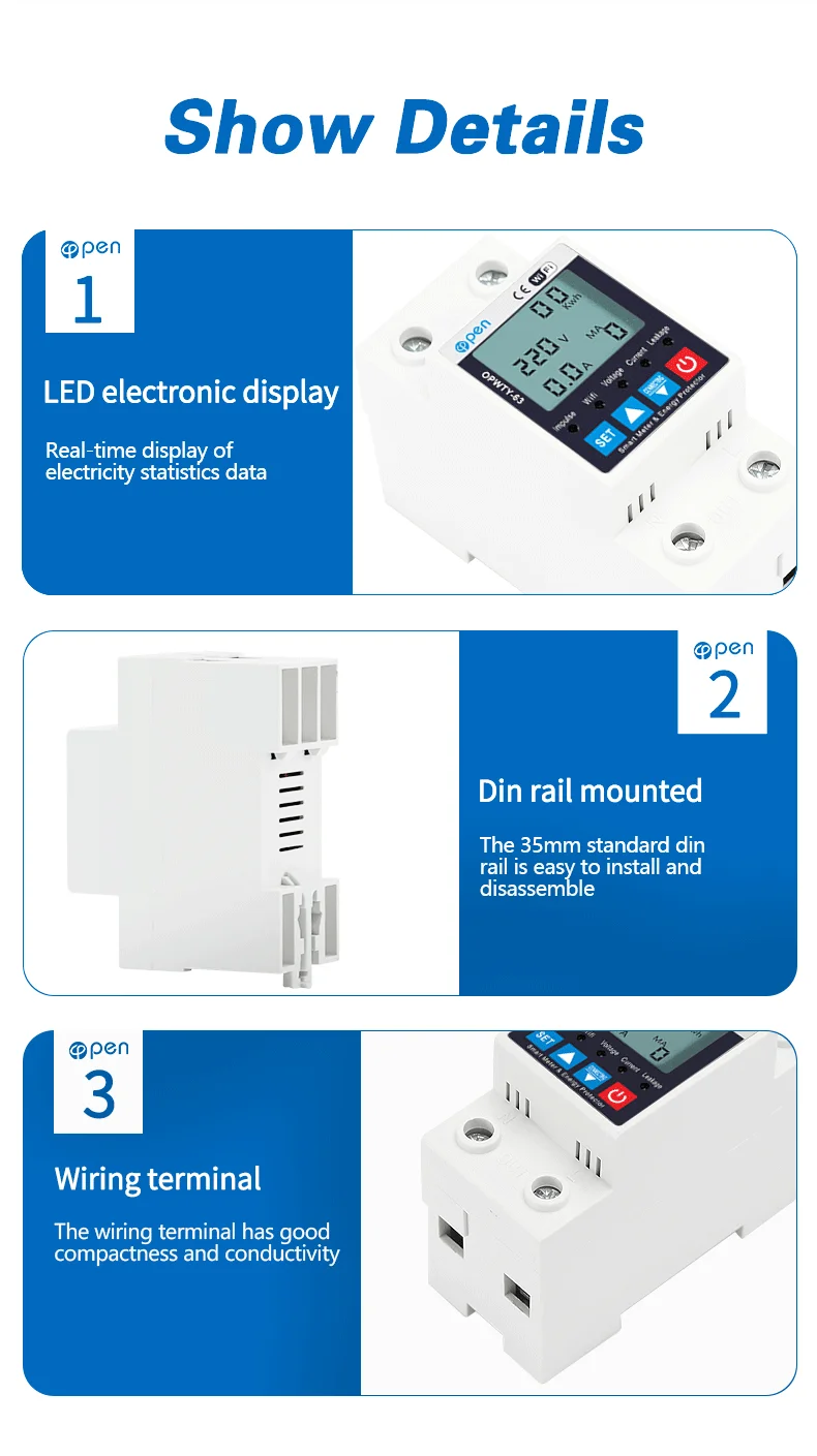 OPEN Din Rail Single Phase Wifi Wireless Iot Tuya Smart Home 63a 110v 220V Smart Switch Energy ...