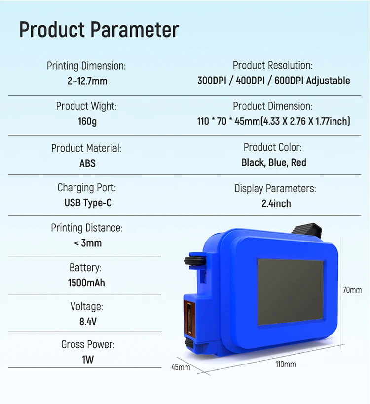 DEMAX Portable Mini Inkjet Printer - Fast Dry Ink Cartridge
