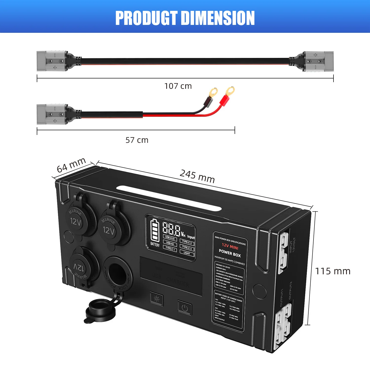 12v Anderson Control Box With Qc 3.0 Ports & Usb-c Socket For Rv & Car