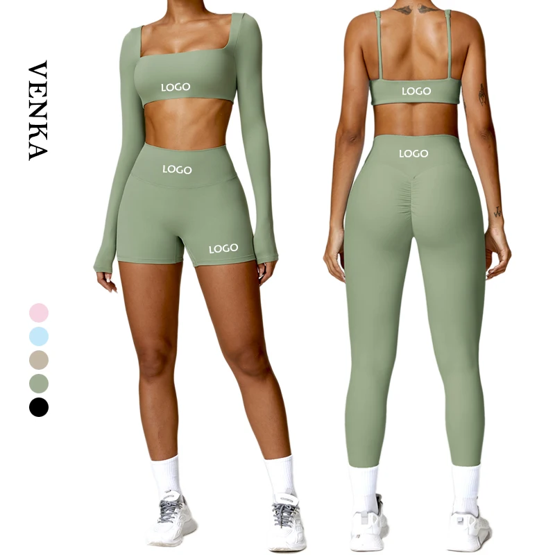 New Lady Fitness Workout Set Soft Nude Feeling Fabric Sports Bra Crop Top Long Sleeve Yoga ...