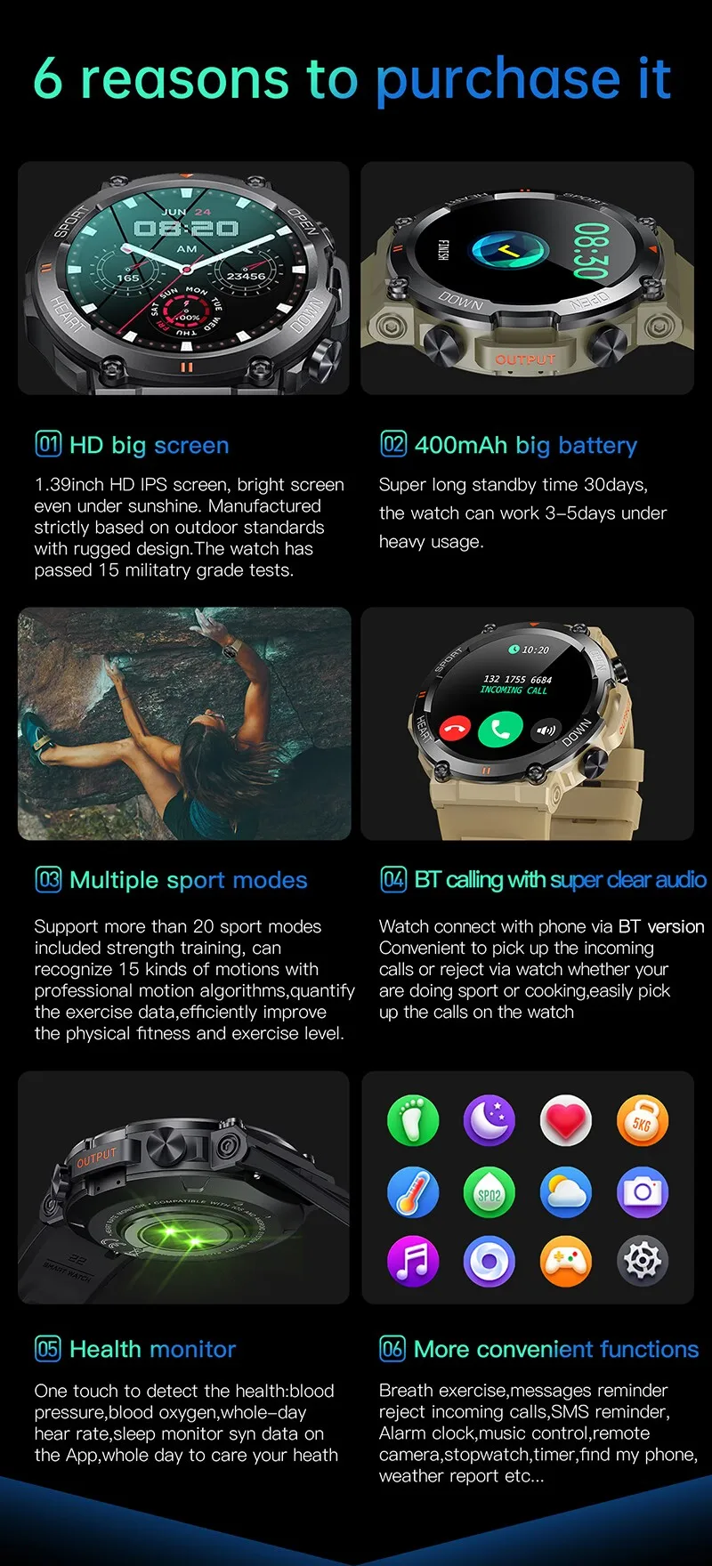 New 2024 Outdoor K56 Smart Watch Pk K22,1.39inch 360*360 Screen Bt Call ...