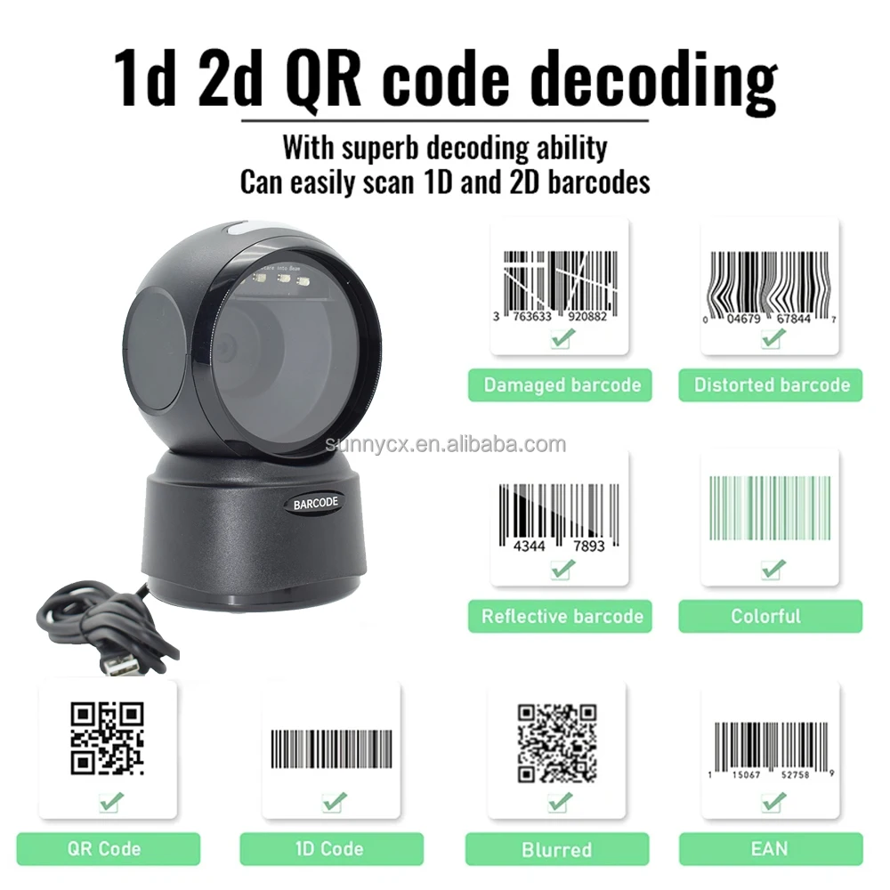 2D QR Hands-Free Omnidirectional Barcode Scanner Desktop USB Wired on ...